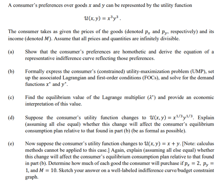 Solved A consumer's preferences over goods x and y can be | Chegg.com