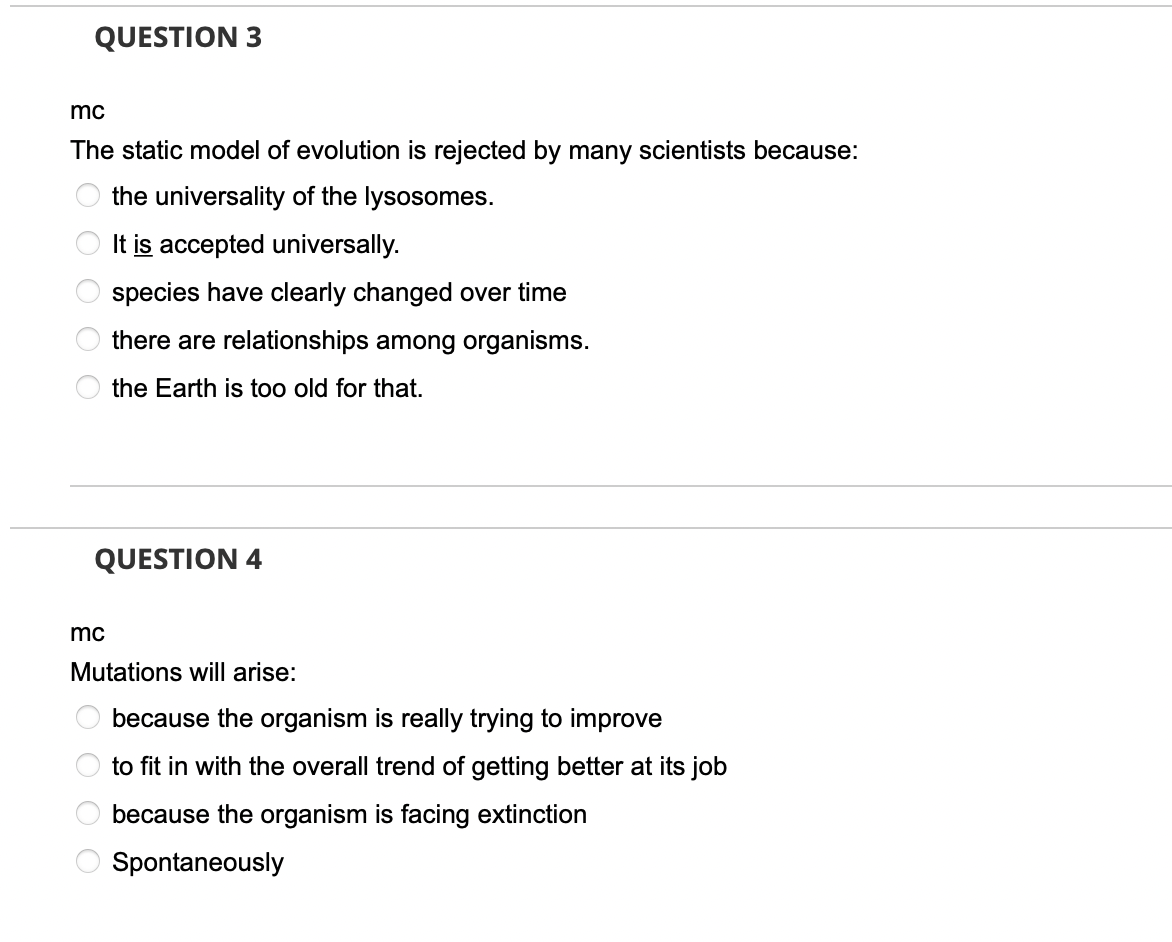 Solved QUESTION 3 O O O O O The static model of evolution is | Chegg.com