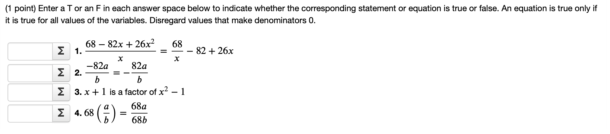 Solved (1 ﻿point) ﻿Enter a T ﻿or an F ﻿in each answer space | Chegg.com