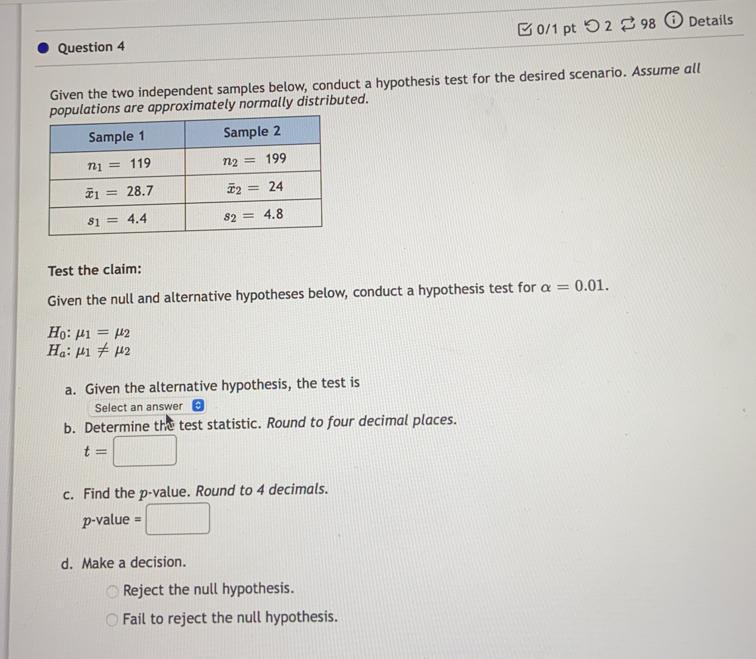 Solved Given the two independent samples below, conduct a | Chegg.com