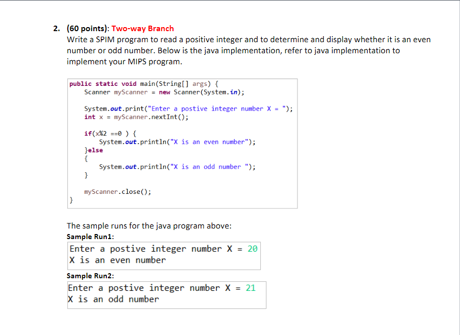 Solved (60 points): Two-way Branch Write a SPIM program to | Chegg.com