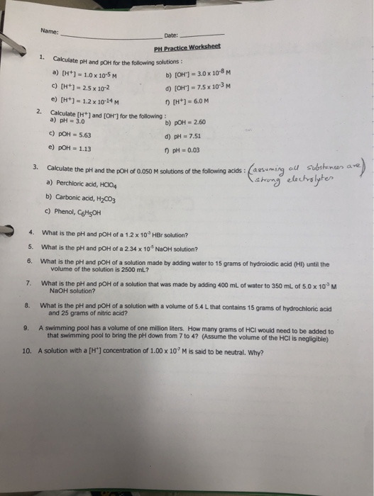 Solved Name: 1, Calculate pH and pOH for the following | Chegg.com