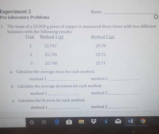 Solved Experiment 2 Pre laboratory Problems Name 1. The mass | Chegg.com