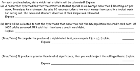 Solved For each problem below, state which test statistic | Chegg.com