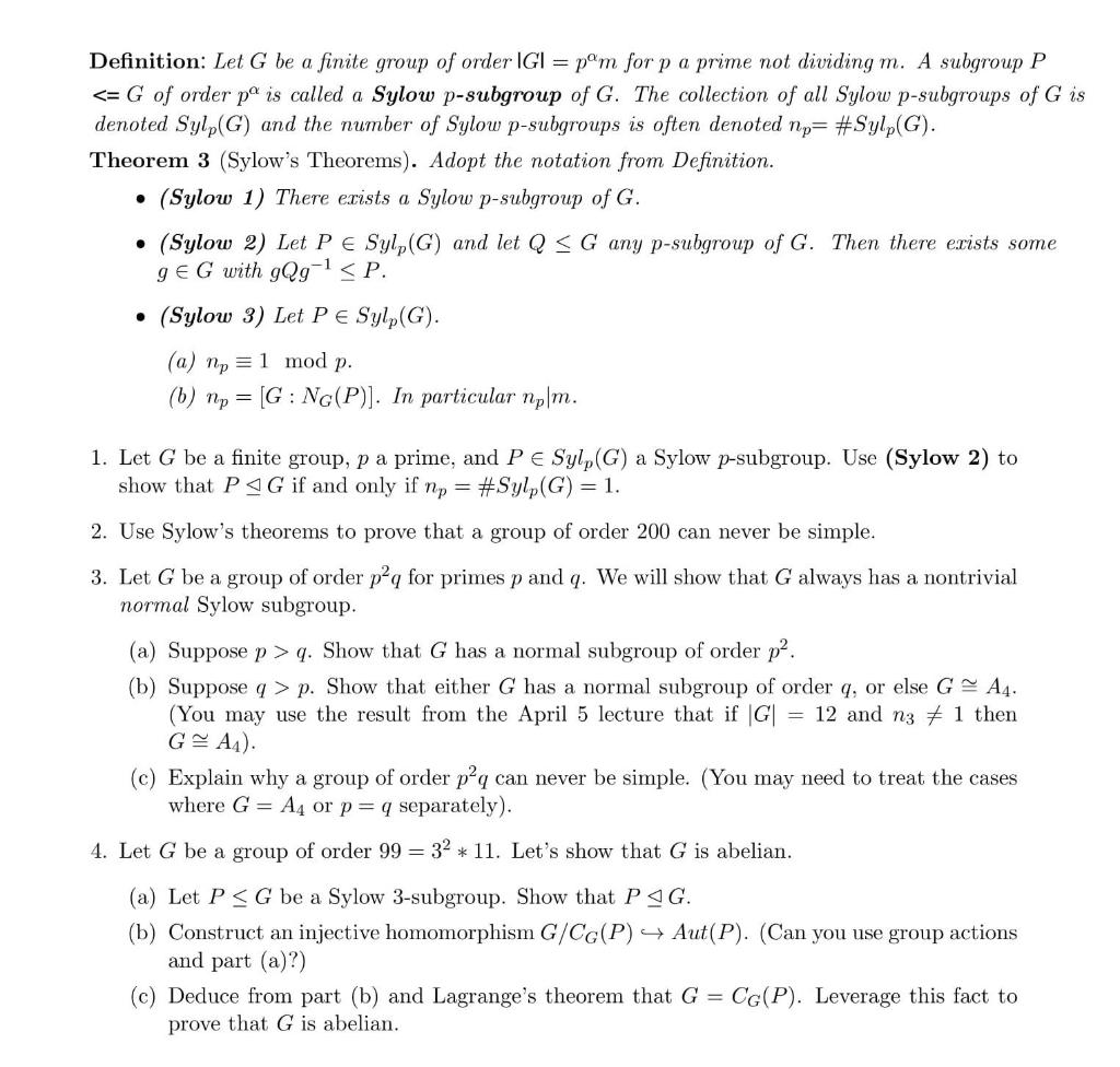 Solved Definition: Let G be a finite group of order IGI = | Chegg.com