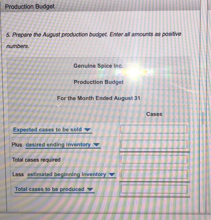 Solved Production Budget 5. Prepare the August production | Chegg.com