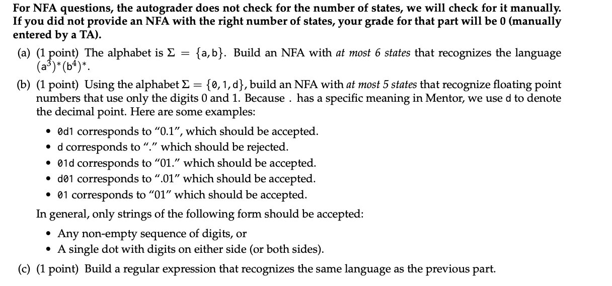 Solved For NFA questions, the autograder does not check for | Chegg.com