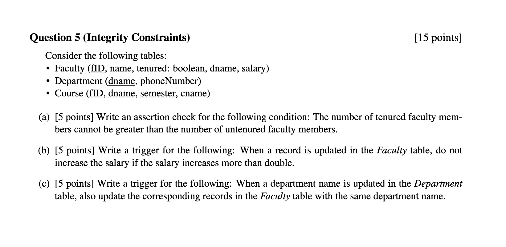 [15 points) Question 5 (Integrity Constraints) | Chegg.com