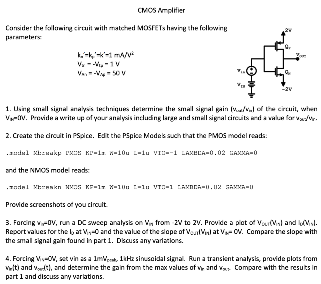 Need help with cmos project. Need to use small signal | Chegg.com
