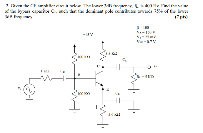 Solved 2. Given the CE amplifier circuit below. The lower 3 | Chegg.com