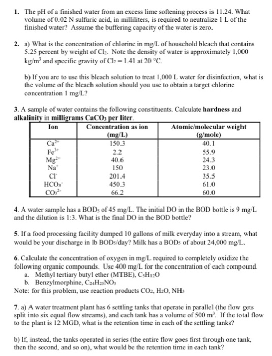 Solved The pH of a finished water from an excess lime | Chegg.com