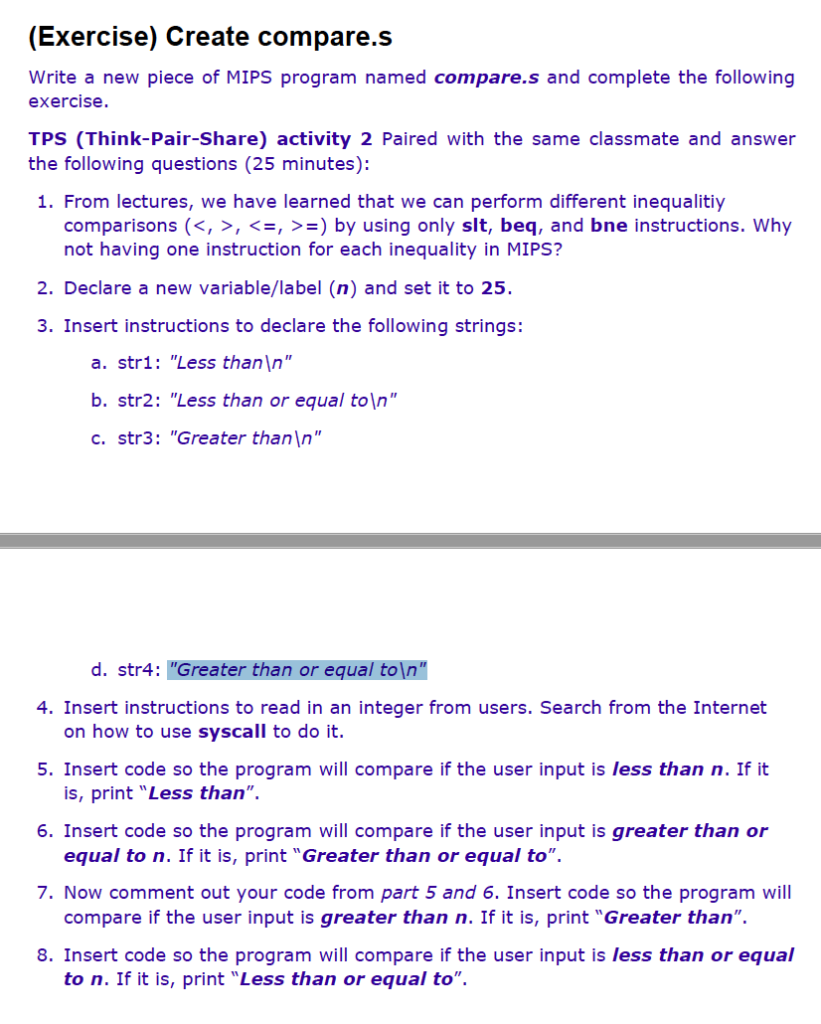 (Exercise) Create compare.s Write a new piece of MIPS | Chegg.com