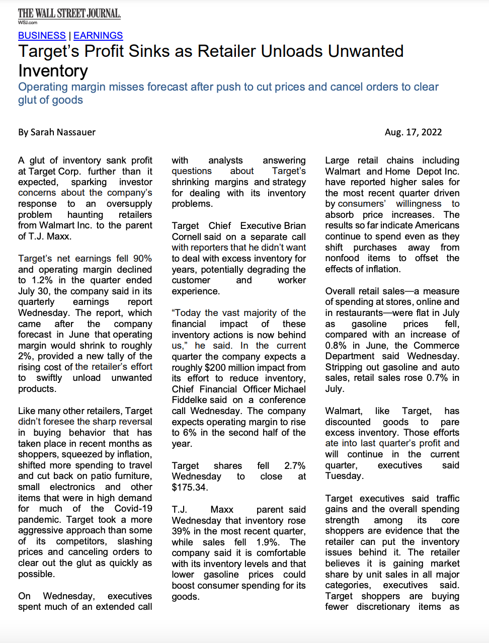 THE WALL STREETJOURNAL BUSINESS I EARNINGS Target's | Chegg.com