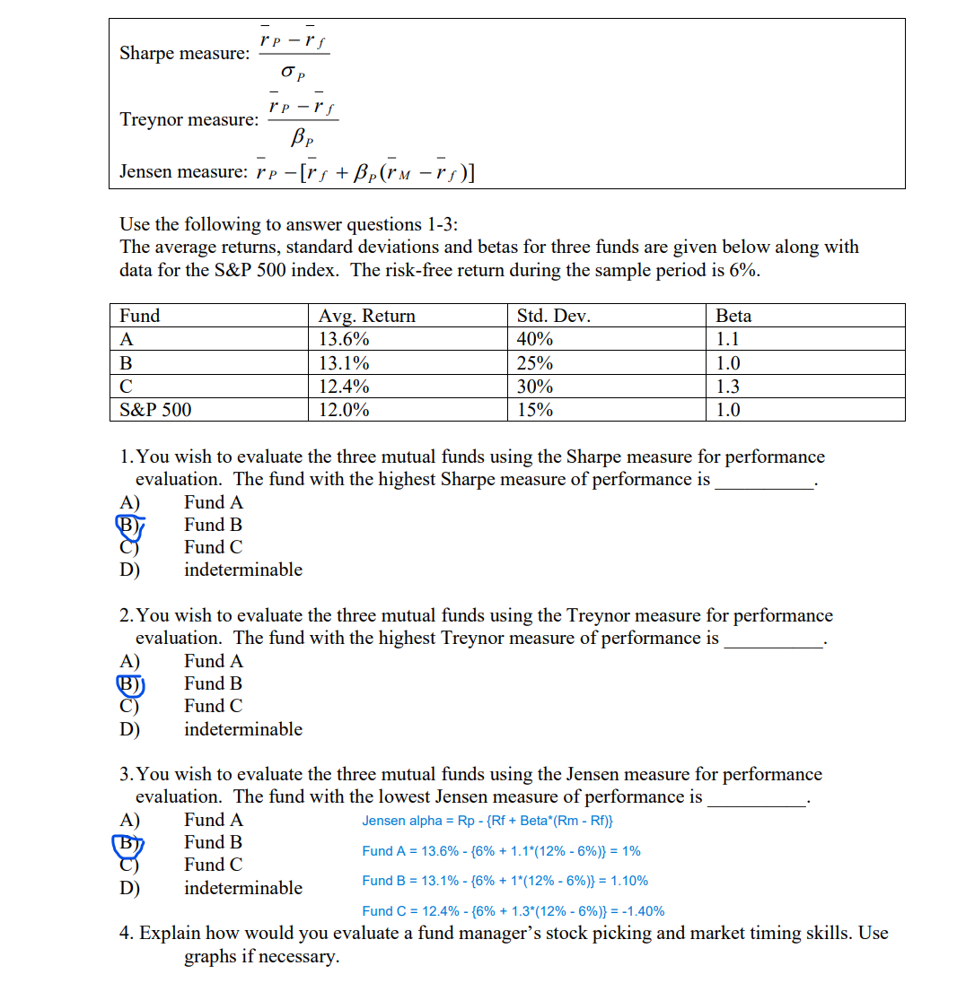 Solved Sharpe measure: σPrˉP−rˉf Treynor measure: βPrˉP−rˉf | Chegg.com