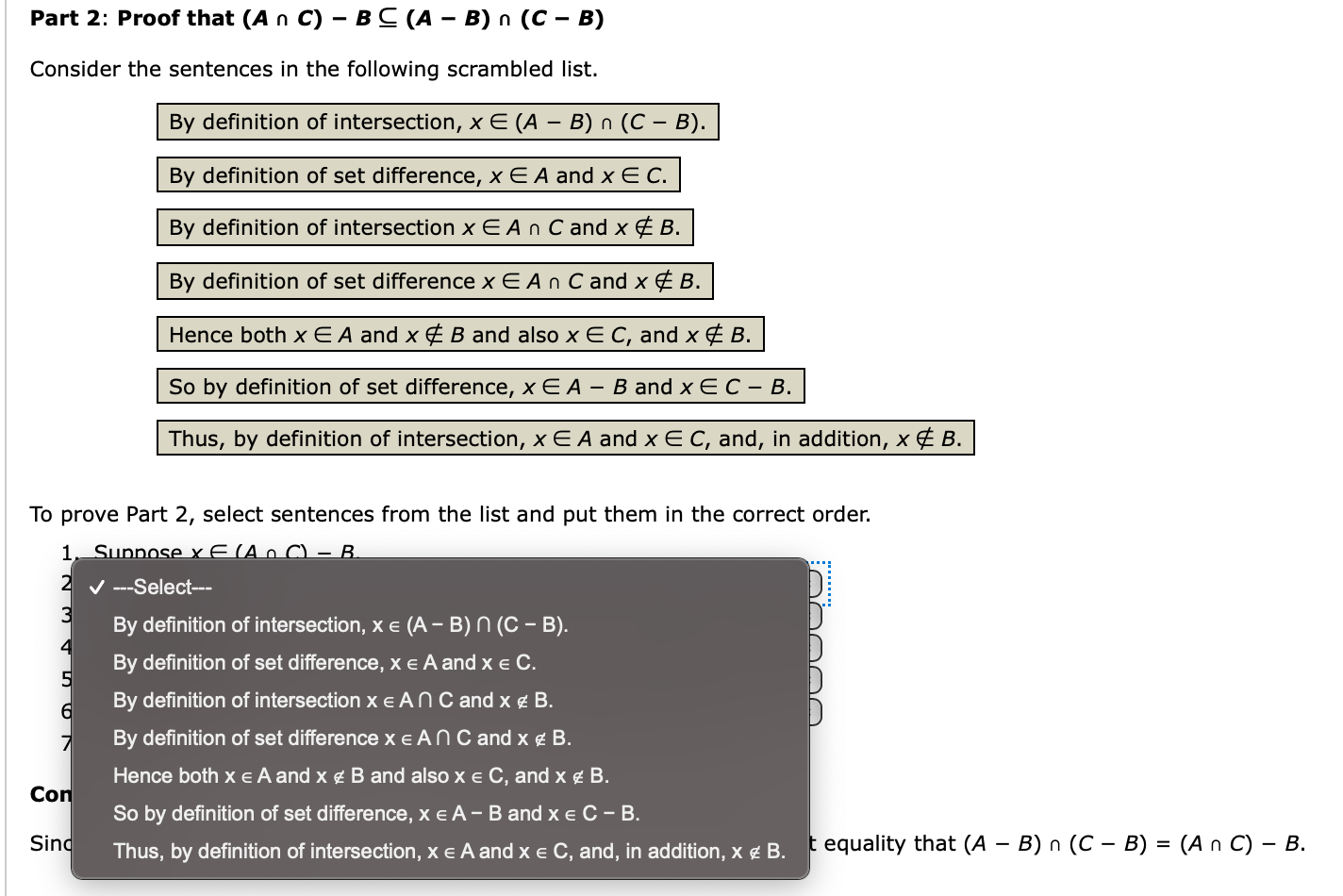 Solved Part 2: Proof that (An C) – B C (A - B) n (C – B) | Chegg.com