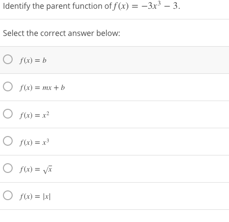 Solved Identify the parent function of f(x) = -3x3 – 3. | Chegg.com