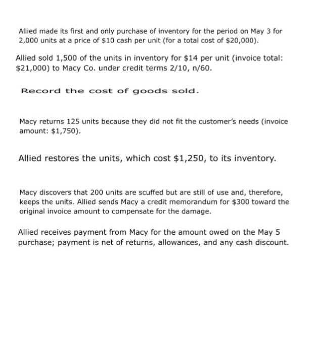 Solved Allied made its first and only purchase of inventory | Chegg.com