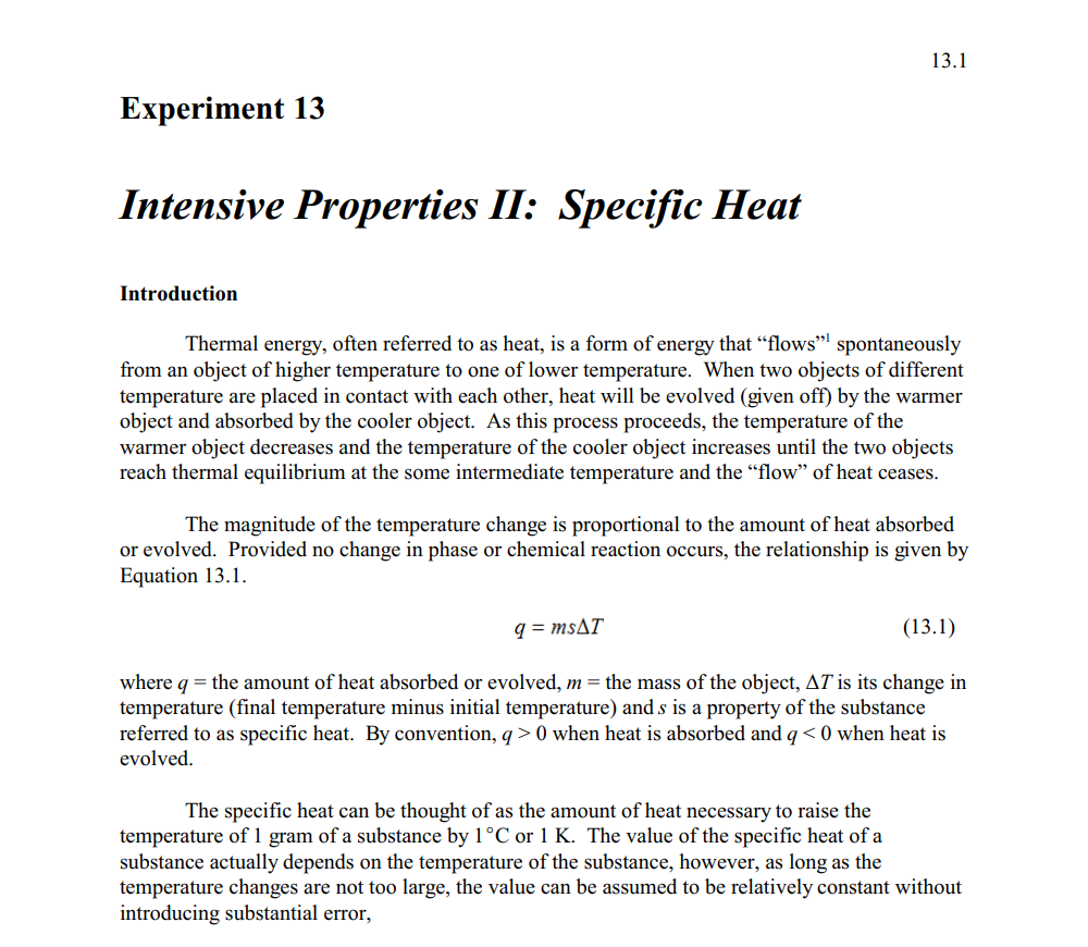 Intensive Properties II: Specific Heat Introduction | Chegg.com