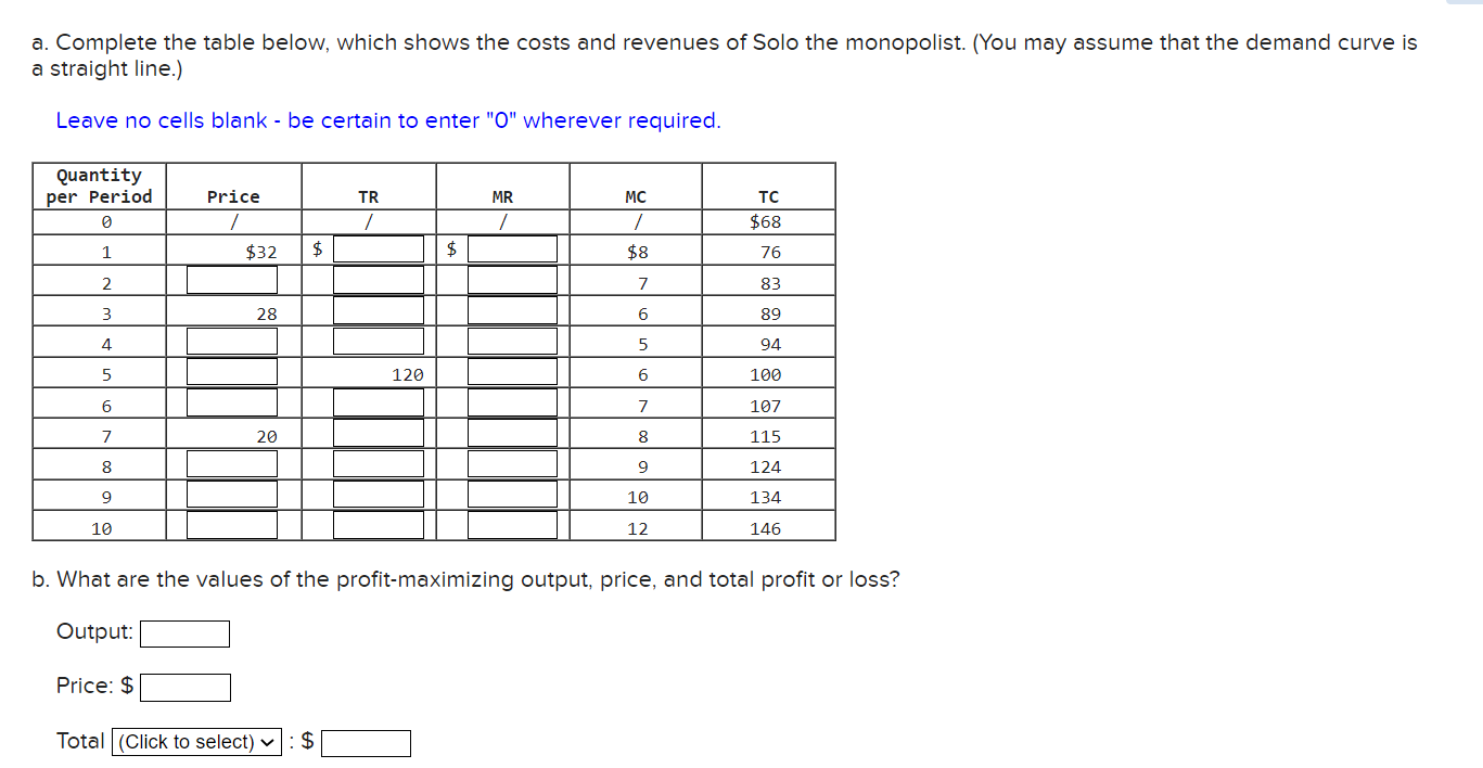 Solved a. Complete the table below, which shows the costs | Chegg.com