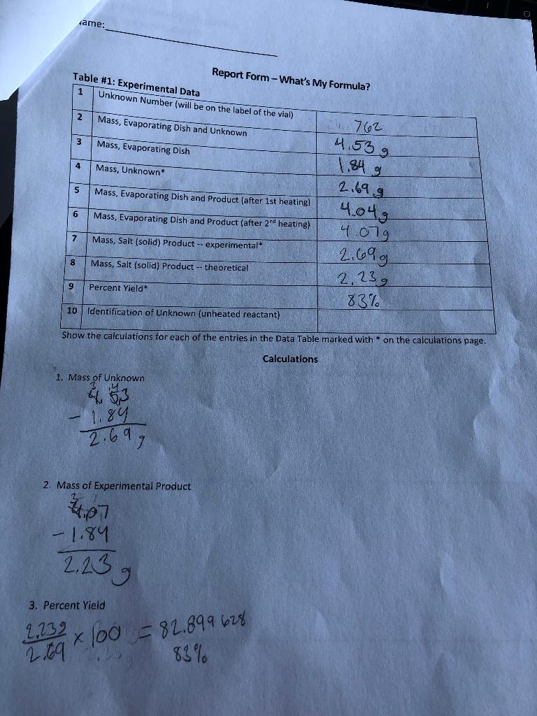 Solved ame: Report Form - What's My Formula? Table #1: | Chegg.com