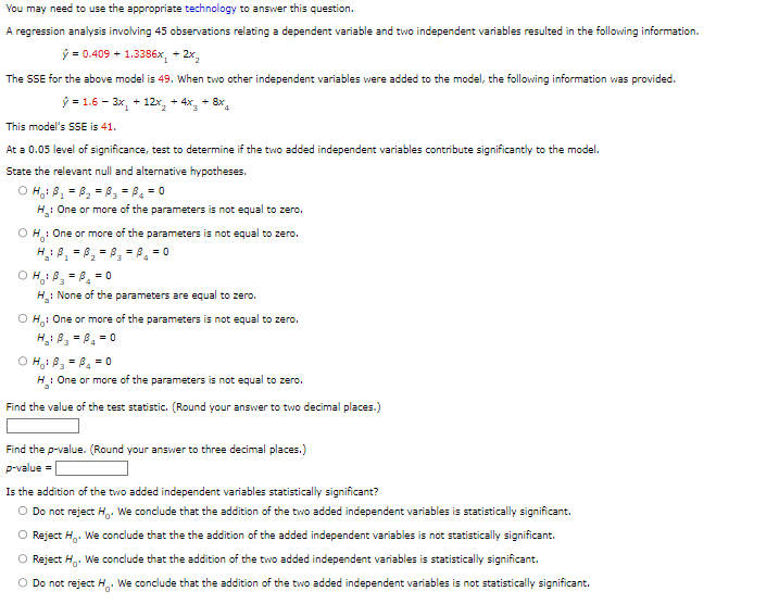 Solved y^=0.409+1.3386x1+2x2 he SSE for the above model is | Chegg.com