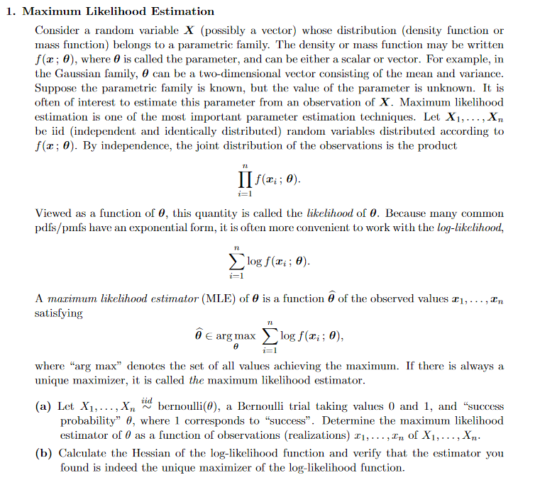 Solved 1. Maximum Likelihood Estimation Consider a random | Chegg.com