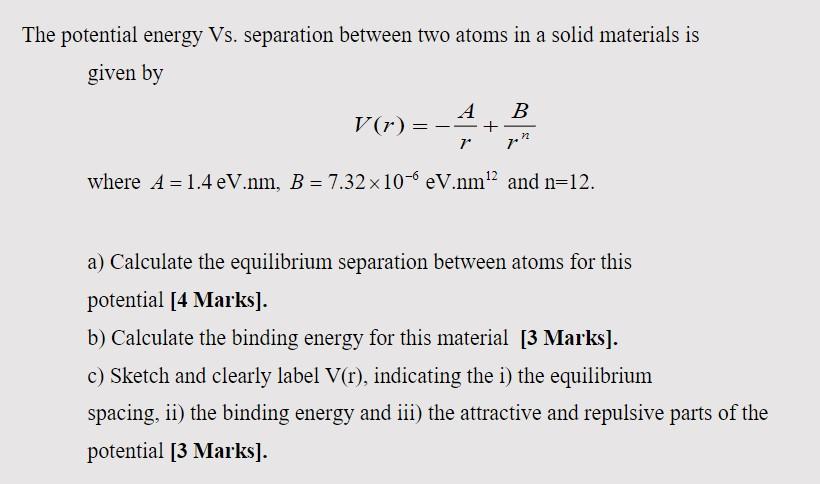Solved The potential energy Vs. separation between two atoms | Chegg.com