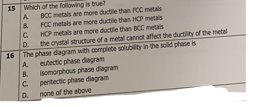 Solved 15 Which of the following is true? A. B. BCC metals | Chegg.com