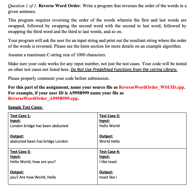Solved Question 1 of 1. Reverse Word Order: Write a program | Chegg.com