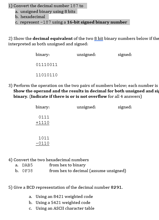 1) Convert the decimal number 187 to a. unsigned | Chegg.com