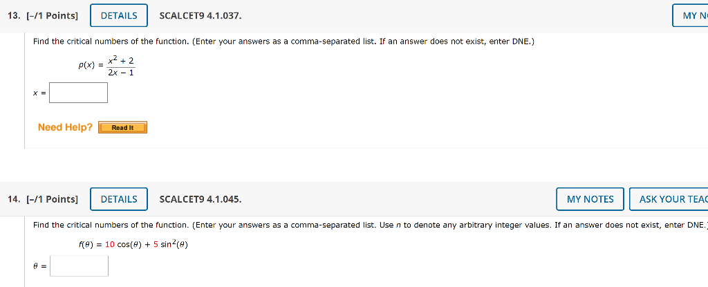 Solved 13. [-/1 Points] SCALCET9 4.1.037. Find the critical | Chegg.com