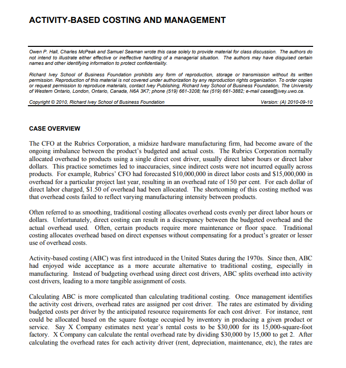 ACTIVITY-BASED COSTING AND MANAGEMENT Owen P. Hall, | Chegg.com