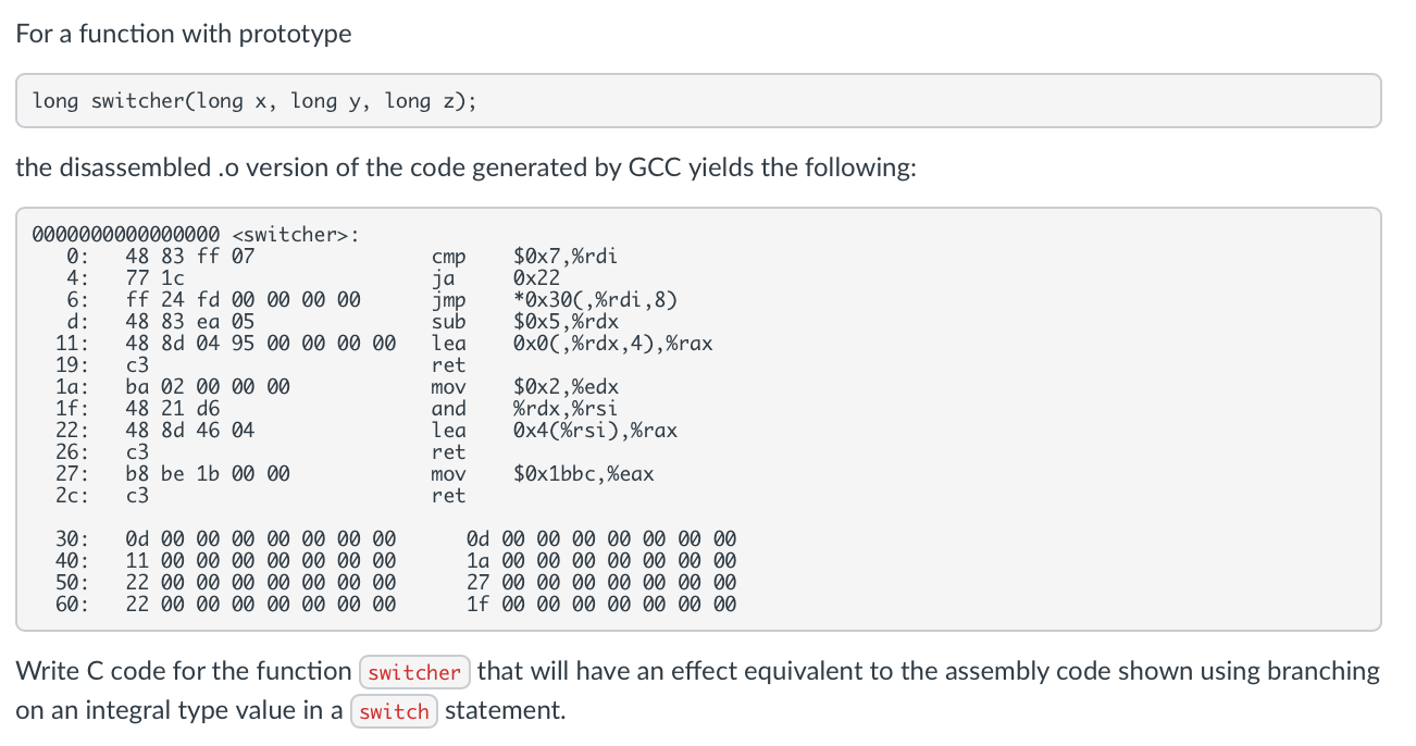 Solved For a function with prototype long switcher(long x, | Chegg.com