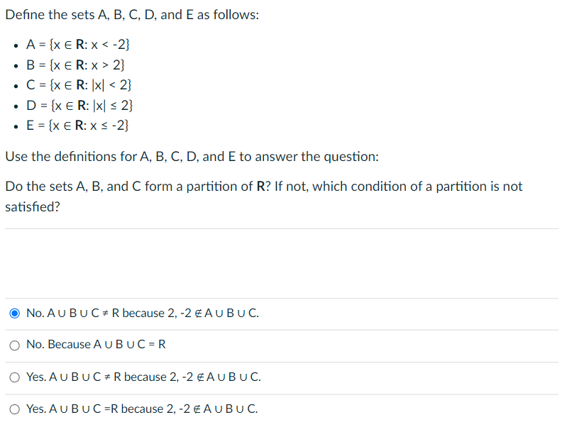 Solved Define the sets A, ﻿B, ﻿C, ﻿D, ﻿and E as | Chegg.com
