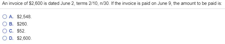Solved An invoice of $2,600 is dated June 2, terms 2/10, | Chegg.com