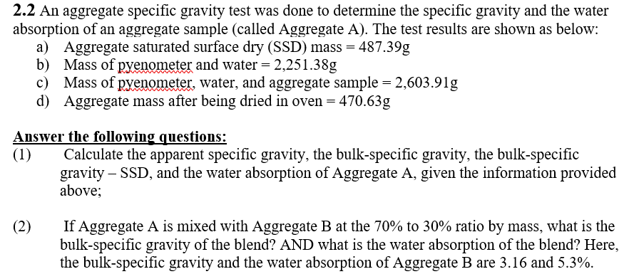 Solved 2.2 An aggregate specific gravity test was done to | Chegg.com