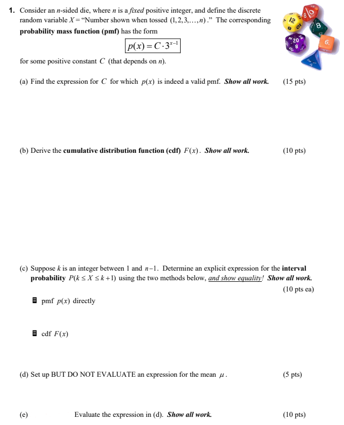 Solved O 1 Consider An N Sided Die Where N Is A Fixed