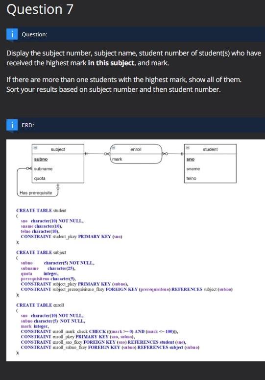 Solved Question 7 i Question: Display the subject number, | Chegg.com