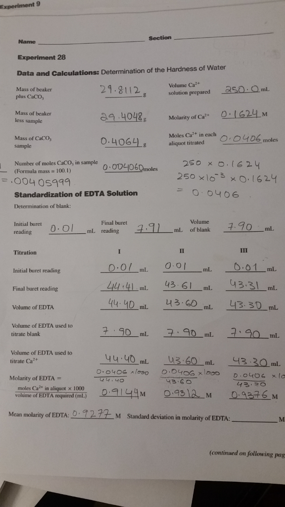 Solved Section Name Experiment 28 Data and Calculations: | Chegg.com