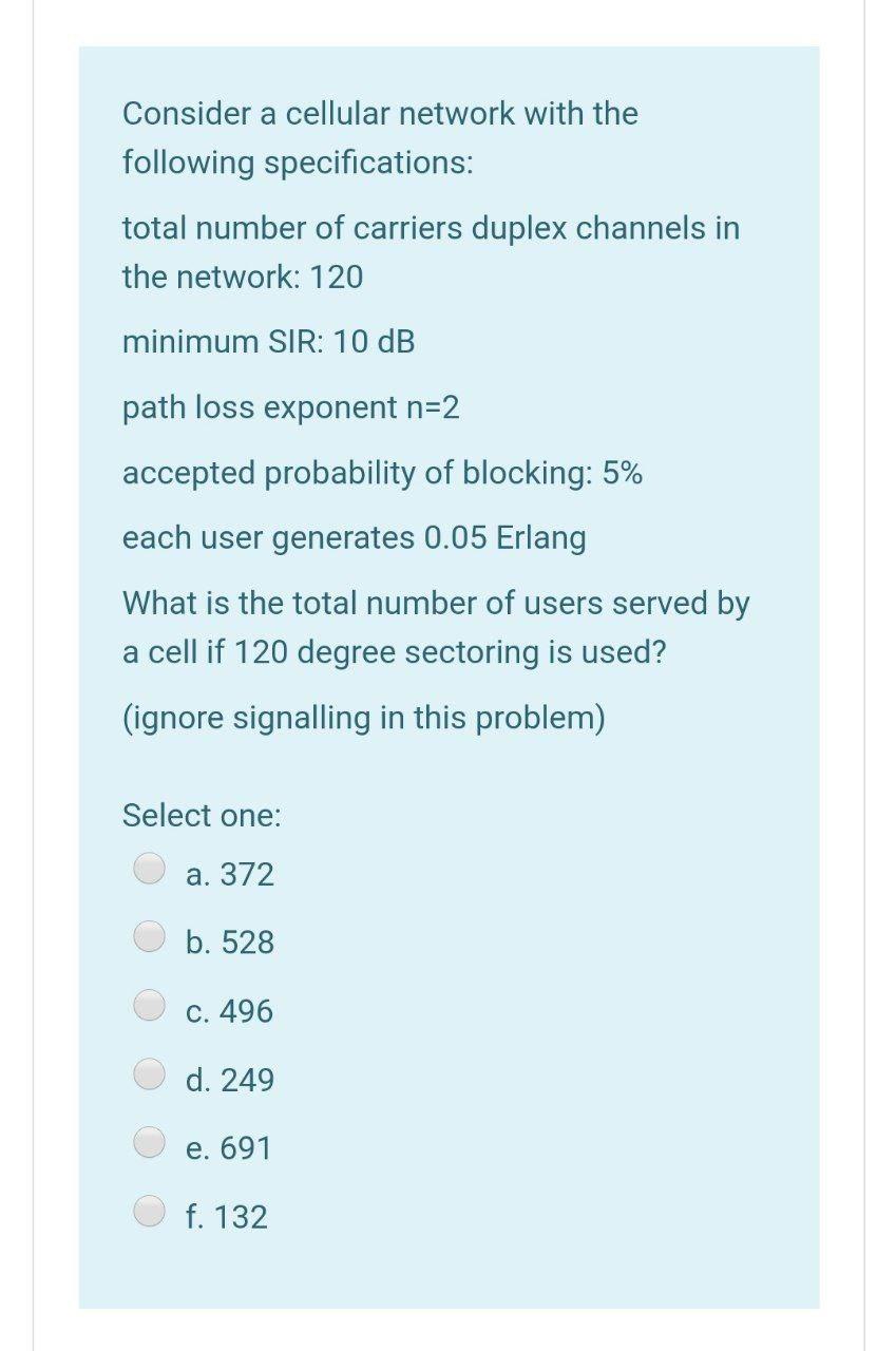 Solved Consider a cellular network with the following | Chegg.com