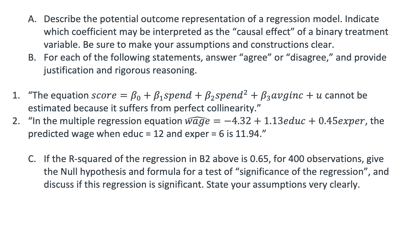 Solved A. Describe the potential outcome representation of a | Chegg.com