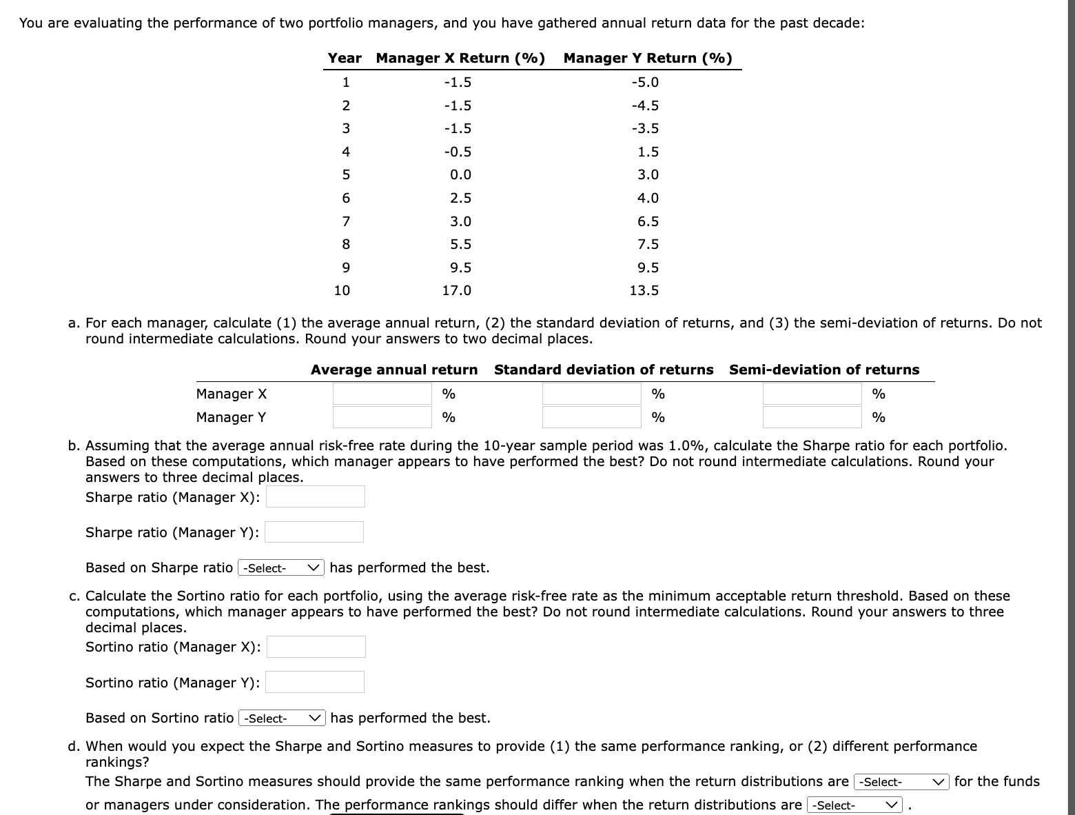 Solved a. For each manager, calculate (1) the average annual | Chegg.com