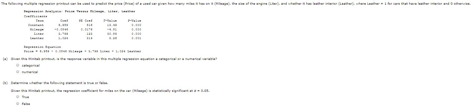 Solved The following multiple regression printout can be | Chegg.com