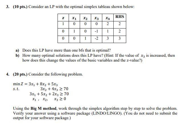 Solved 3. (10 pts.) Consider an LP with the optimal simplex | Chegg.com