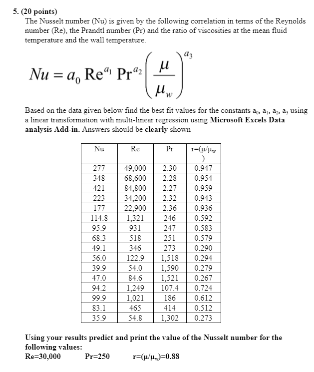 Solved 5. (20 points) The Nusselt number (Nu) is given by | Chegg.com