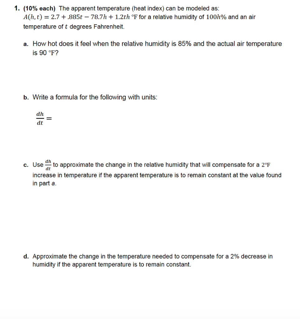 Solved 1. (10% each) The apparent temperature (heat index) | Chegg.com