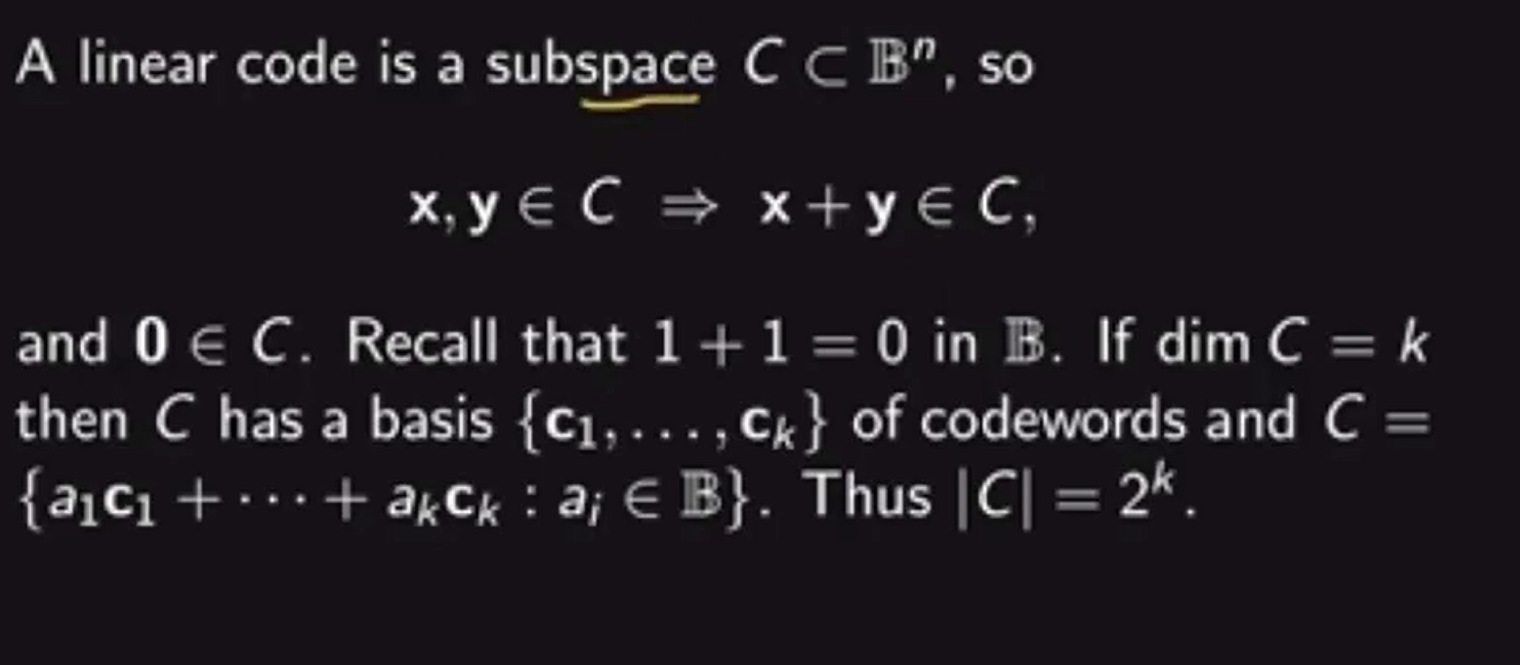 Solved A linear code is a subspace C⊂Bn, so x,y∈C⇒x+y∈C and | Chegg.com