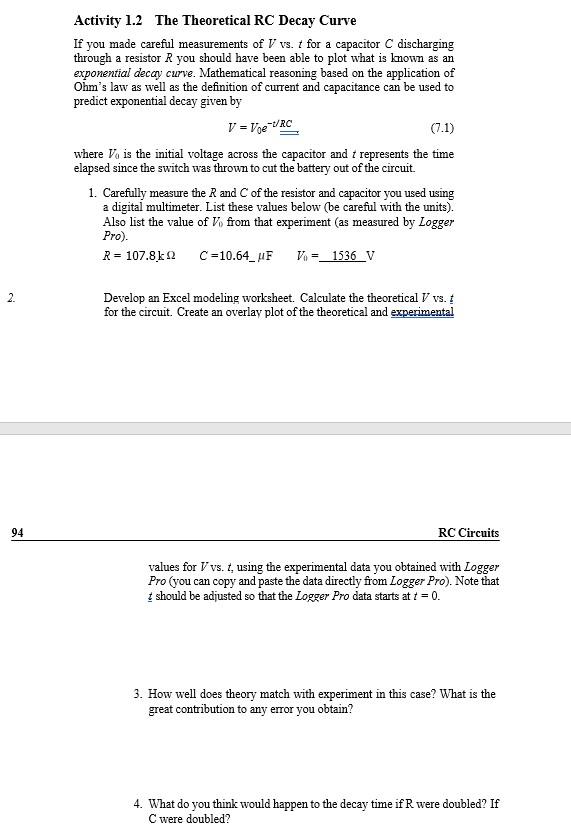 Solved Activity 1.2 The Theoretical RC Decay Curve If you | Chegg.com