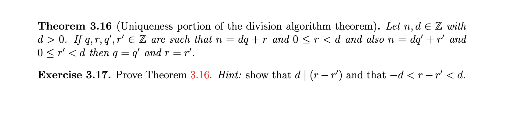 Solved Theorem 3.16 (Uniqueness portion of the division | Chegg.com