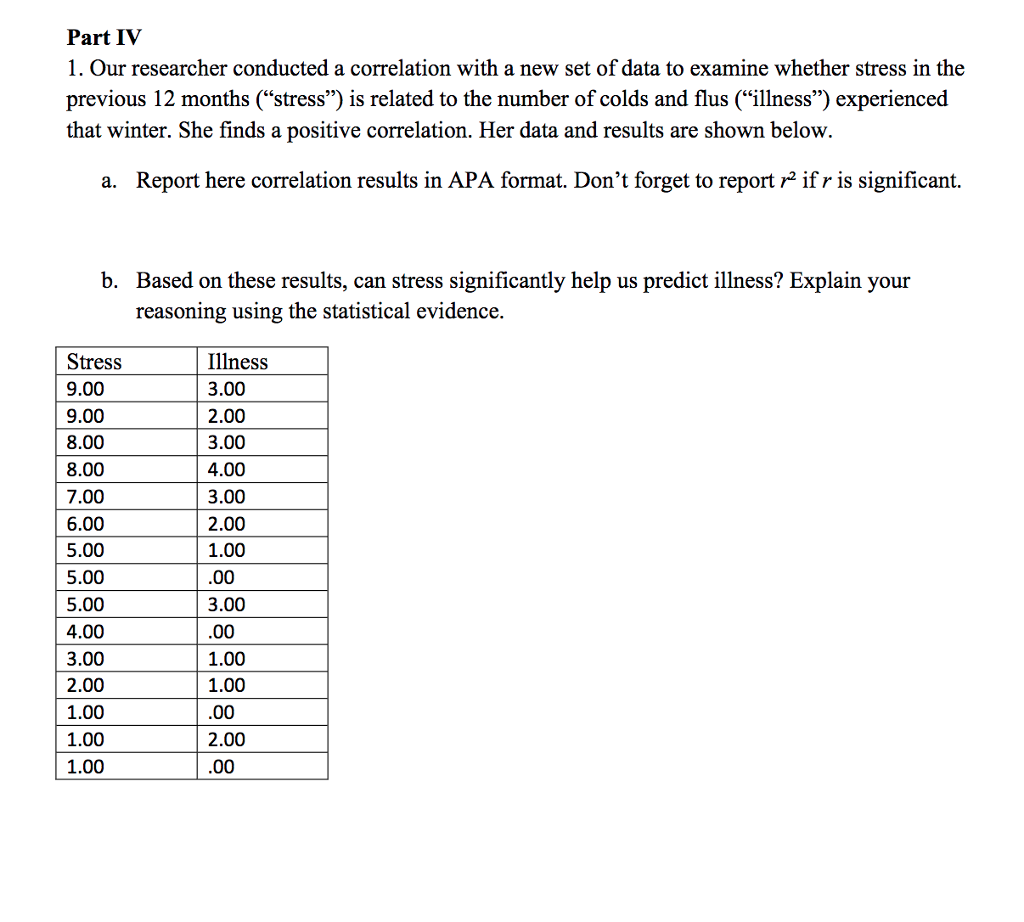 Solved Part IV 1. Our researcher conducted a correlation | Chegg.com
